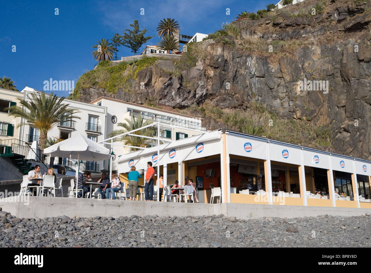Snack bar and cafe on the beach, Ponta do Sol, Madeira, Portugal Stock ...