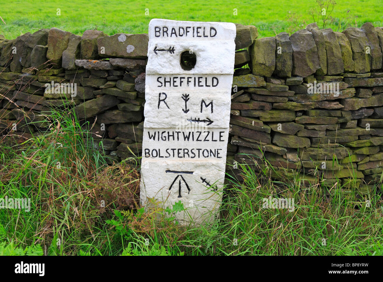Old stone whitewashed mile post near High Bradfield, Sheffield, Peak ...