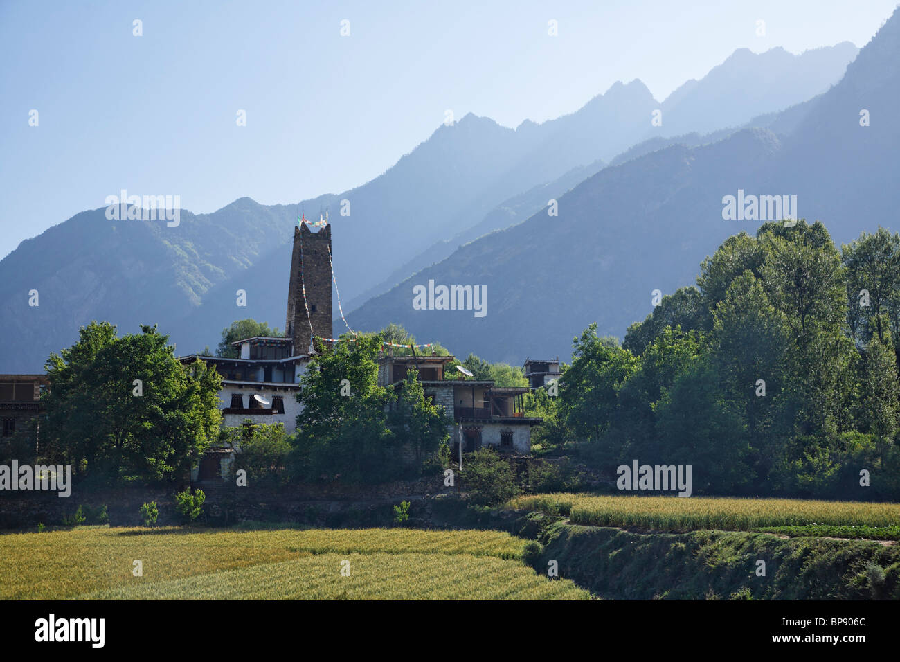 A Farm Village and a Watchtower. Sichuan Province, China Stock Photo ...