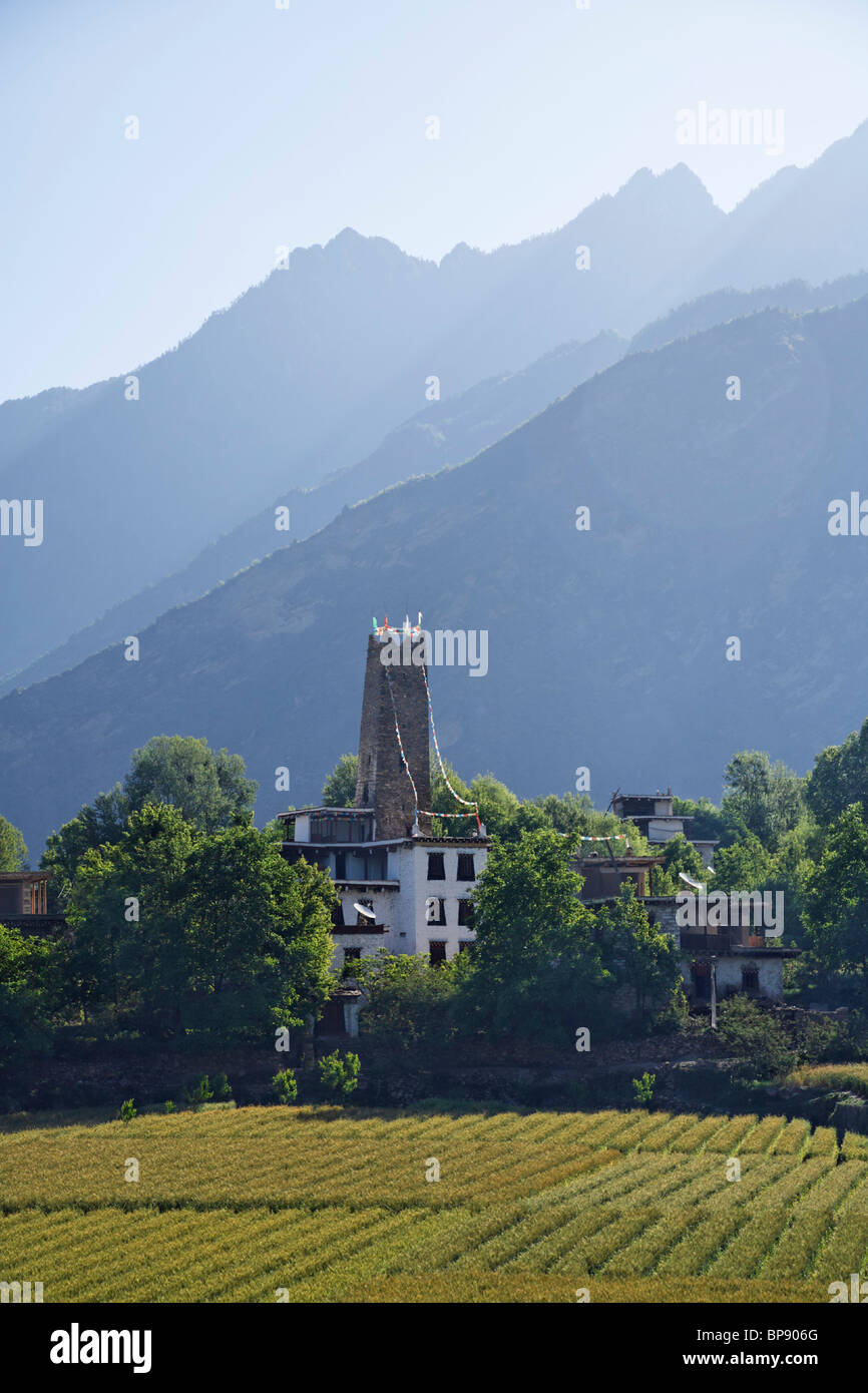 A Farm Village and a Watchtower. Sichuan Province, China Stock Photo ...
