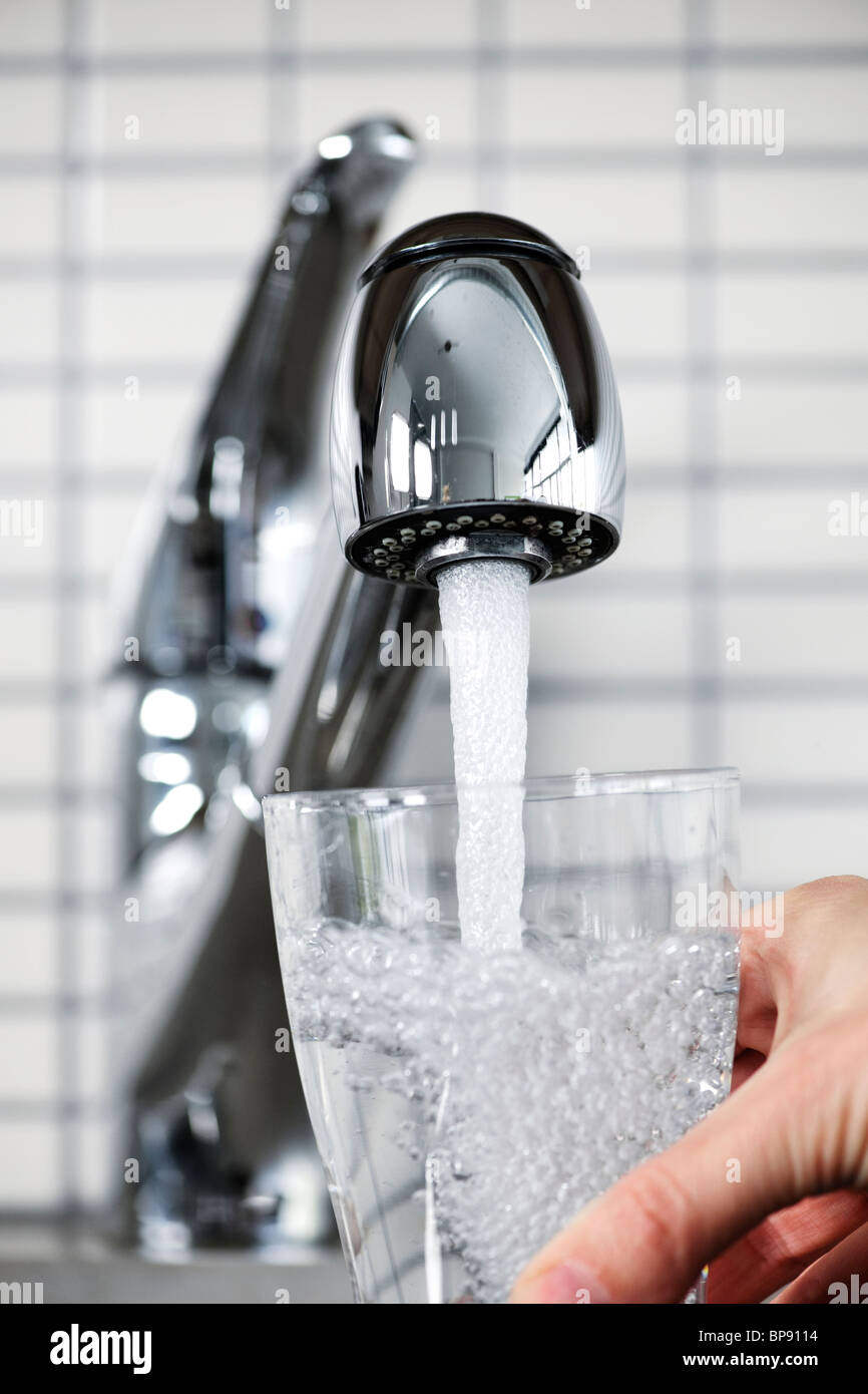 Filling glass of water from stainless steel kitchen faucet Stock Photo ...