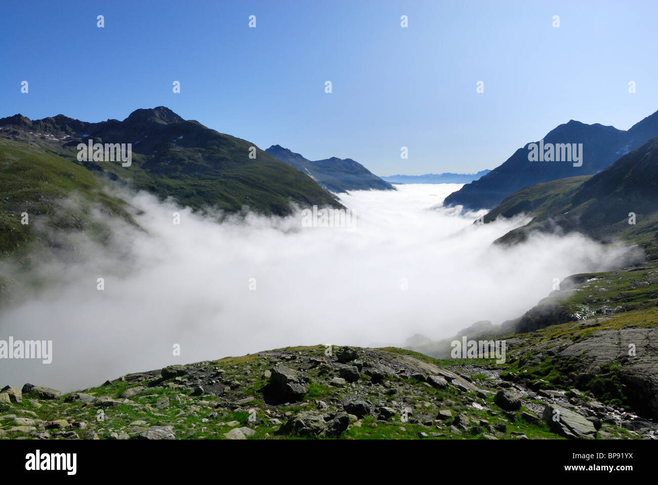 View over sea of fog, Lower Engadin, Engadin, Canton of Grisons ...