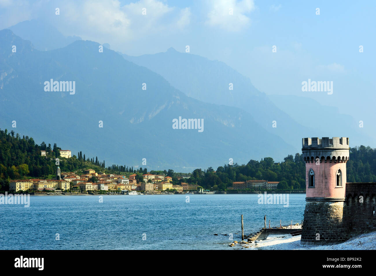 Castle tower at Lake Como, Bellagio in background, Lombardy, Italy ...