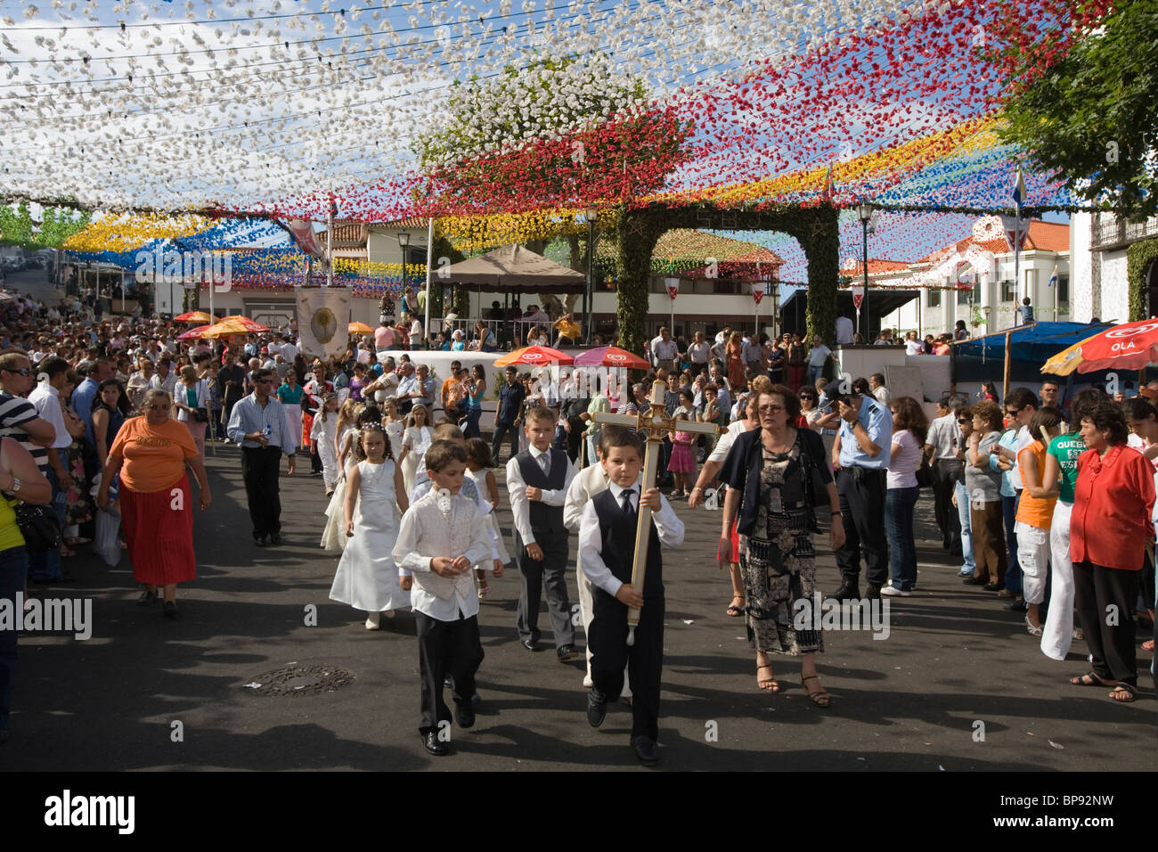 Procession at a religious festival honoring a patron saint, Ponta ...