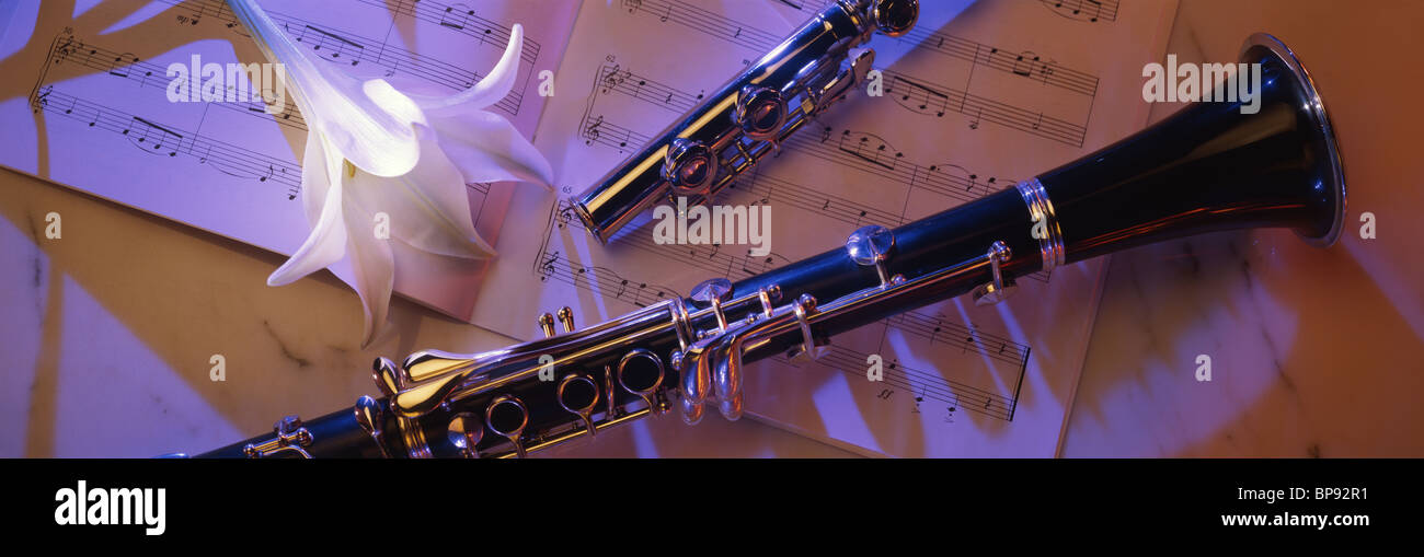 clarinet lying on sheet music with lily flower,music,musical,musical ...