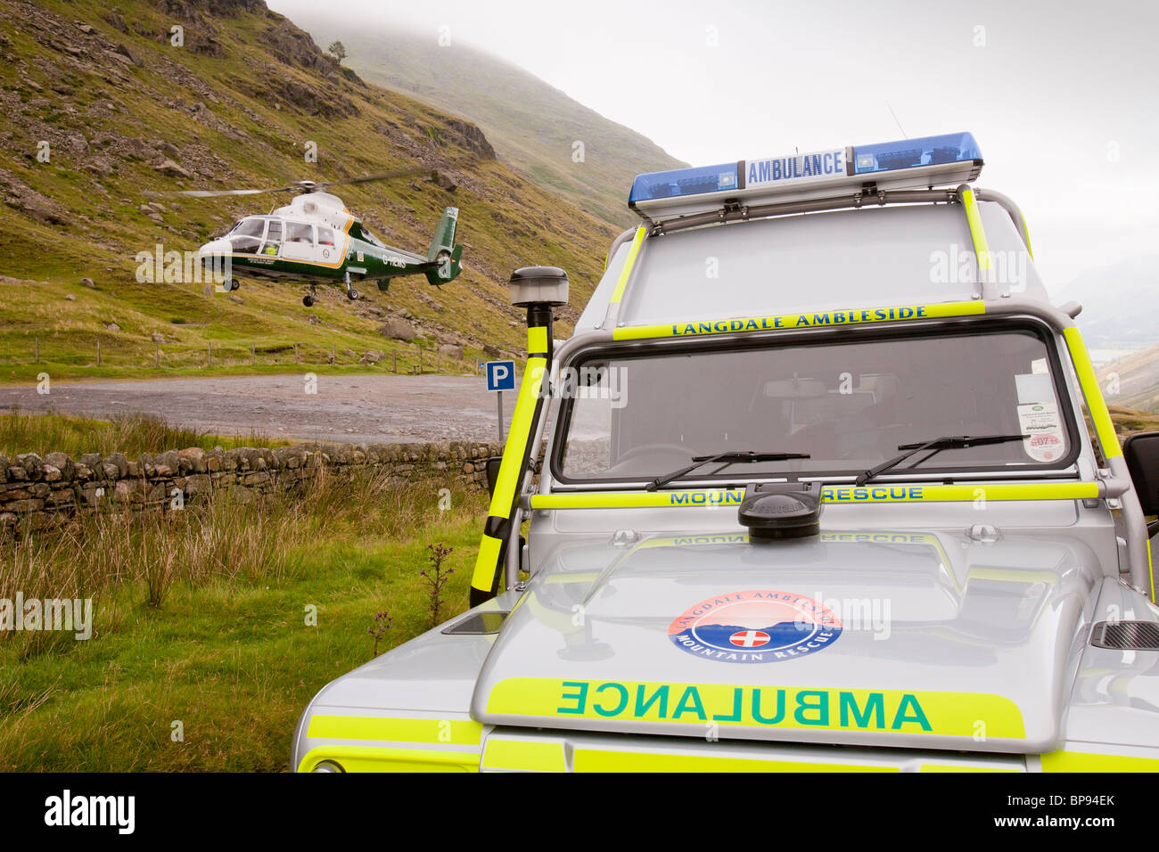 Air Ambulance and mountain rescue in the Lake district Stock Photo - Alamy