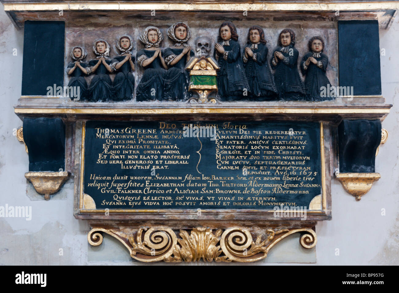 A detail of the monument to Sir Thomas Greene in St Nicholas' Chapel ...