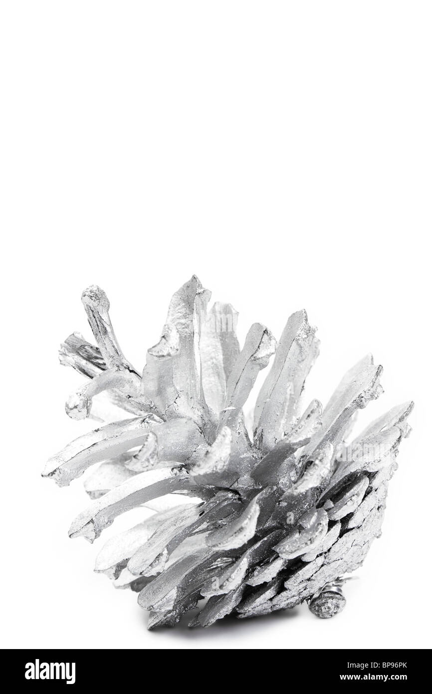 silver painted spruce cone on white background Stock Photo - Alamy