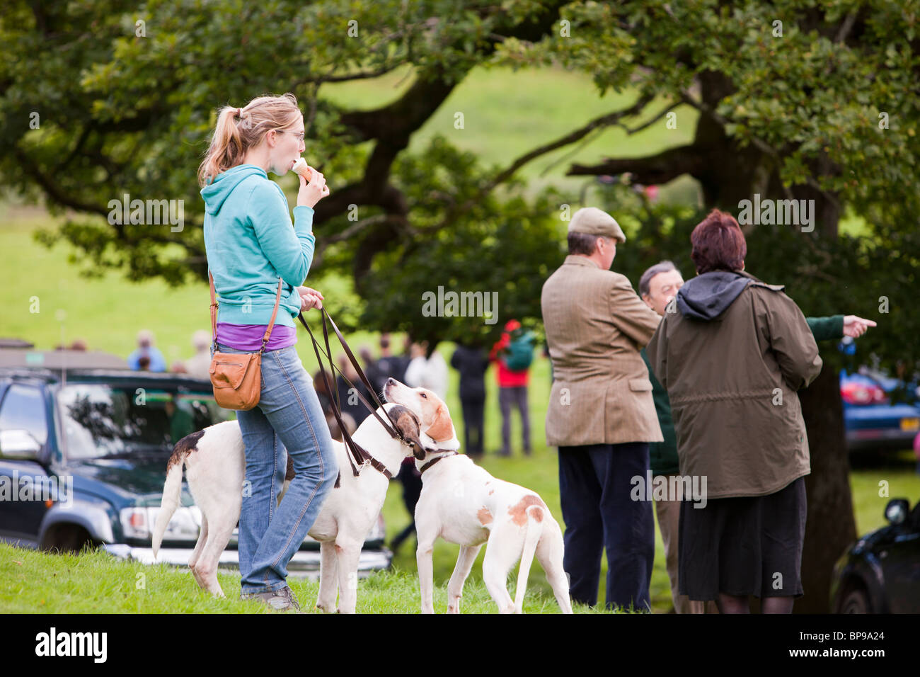 A woman with her hounds wating for the start of the hound trail at the ...