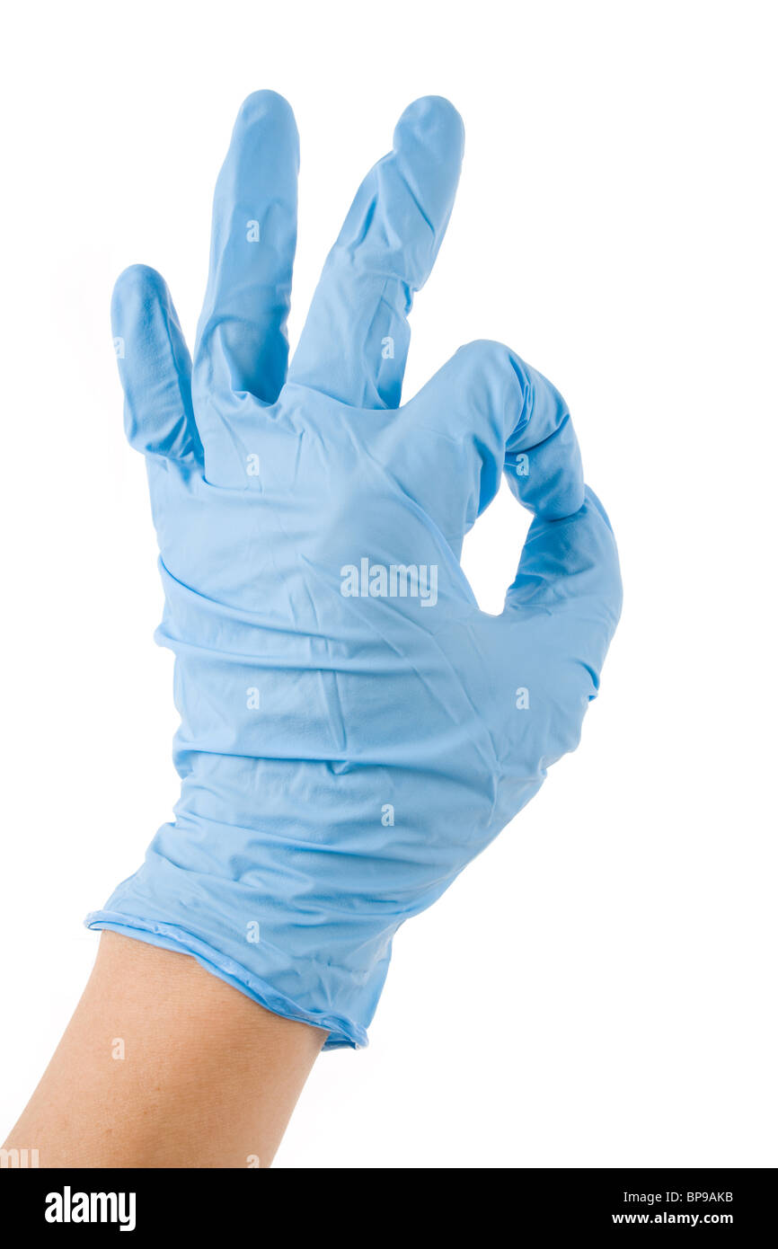 Blue Glove and Gesturing OK with white background Stock Photo - Alamy