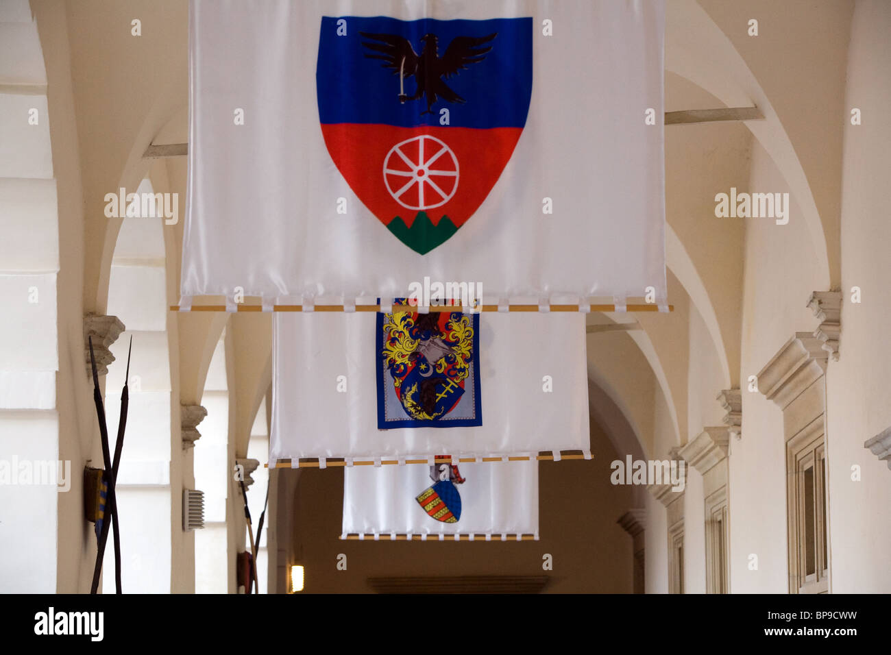 Medieval Fortress Detail With Different Knights Flags Stock Photo - Alamy