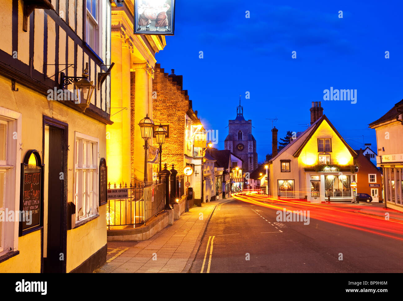 St Nicholas Street in Diss town center captured at night in Norfolk ...