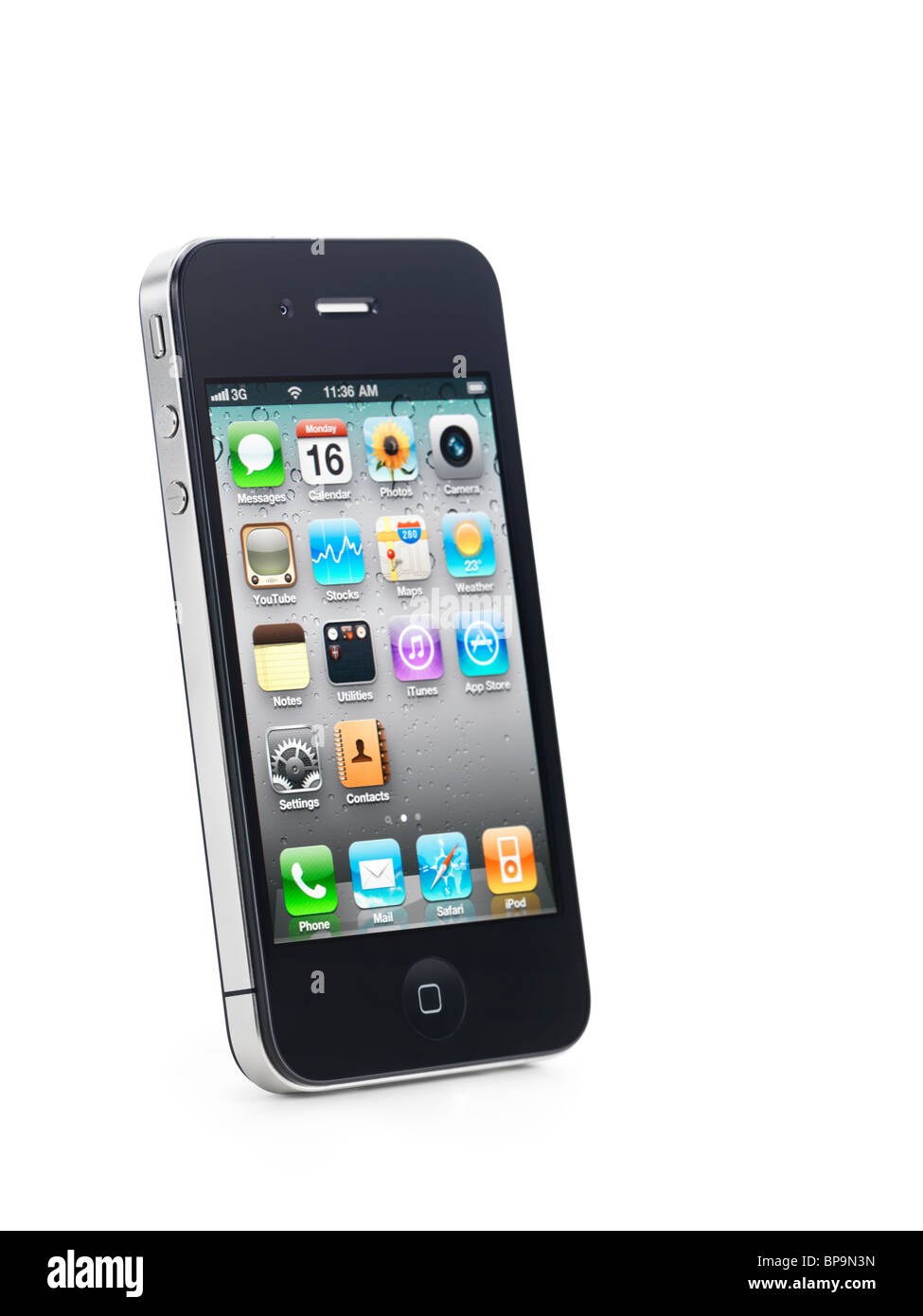 Apple iPhone 4 smartphone with desktop icons on its display isolated ...