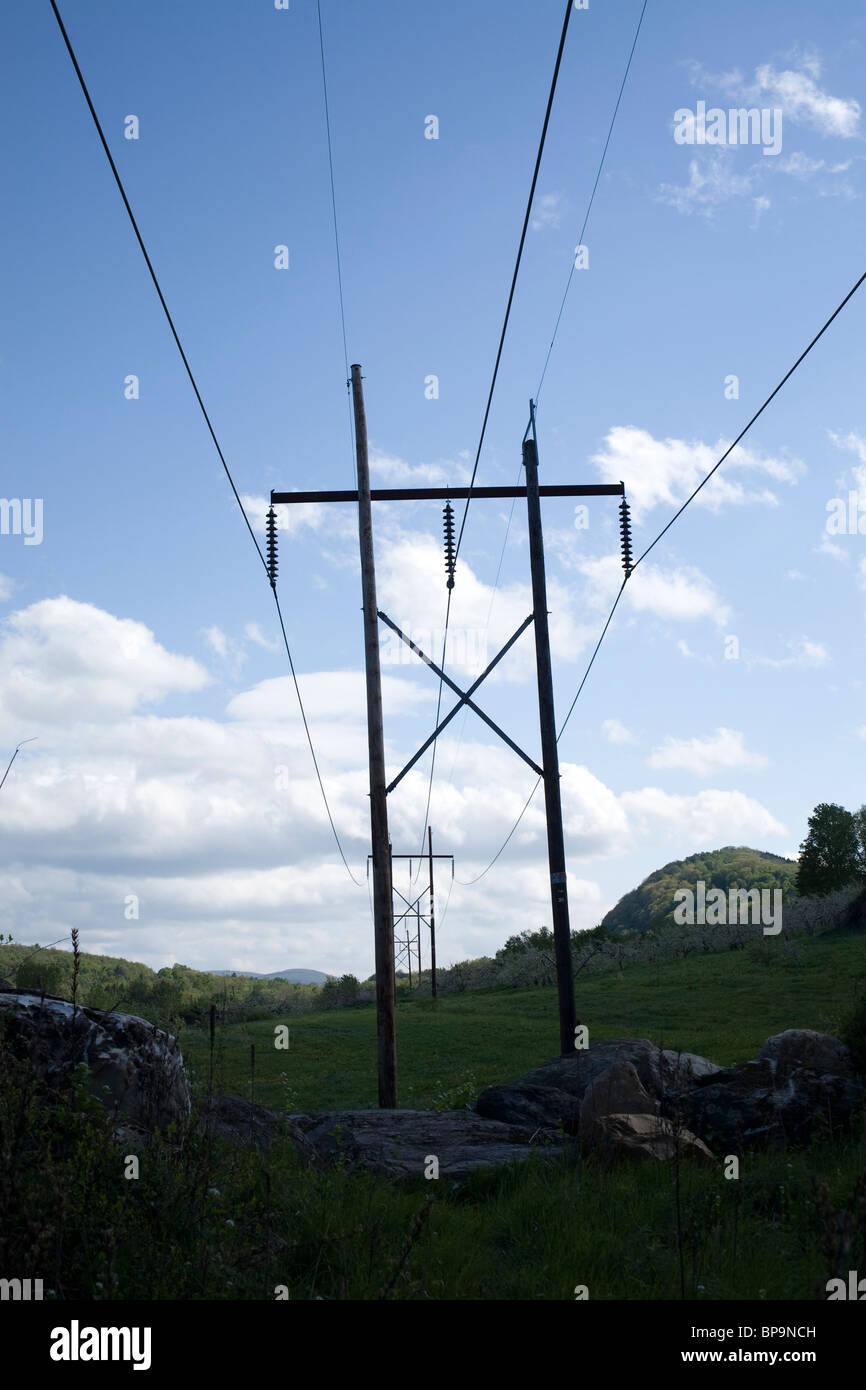 Power lines run through the countryside in the Berkshires of ...