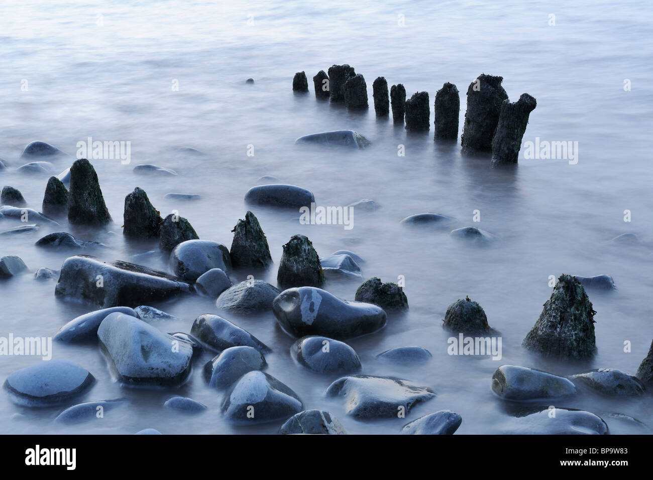 An abstract of rocks and wooden groynes on Lilstock Beach, Somerset. A ...