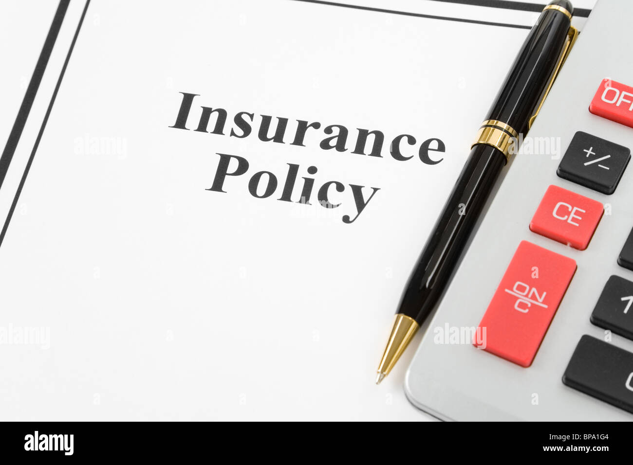 Document of Insurance Policy and calculator, for background Stock Photo ...