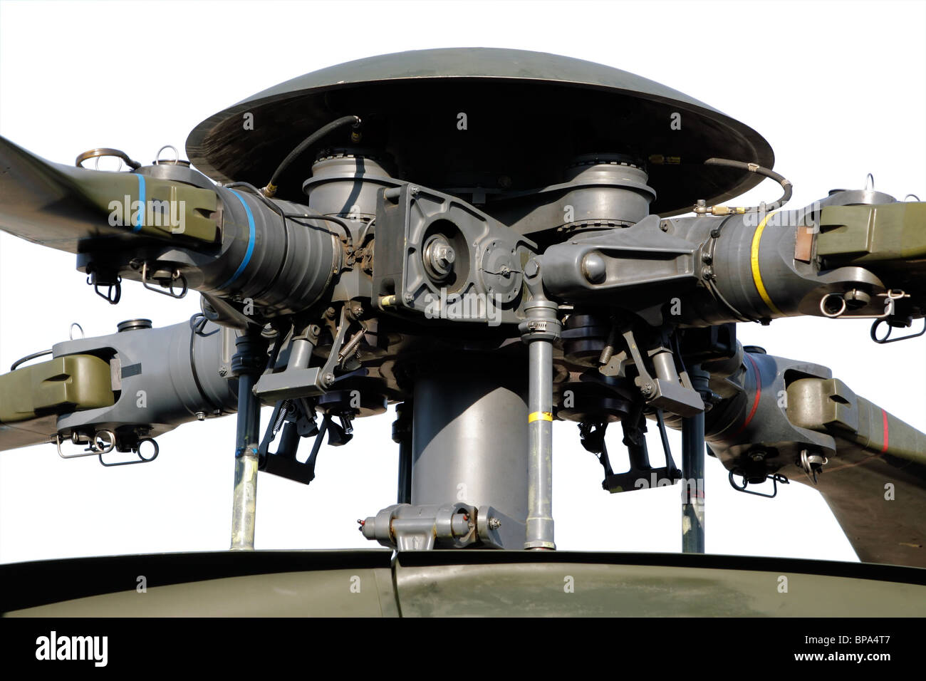 Close-up view of the main rotor of a military helicopter isolated on ...
