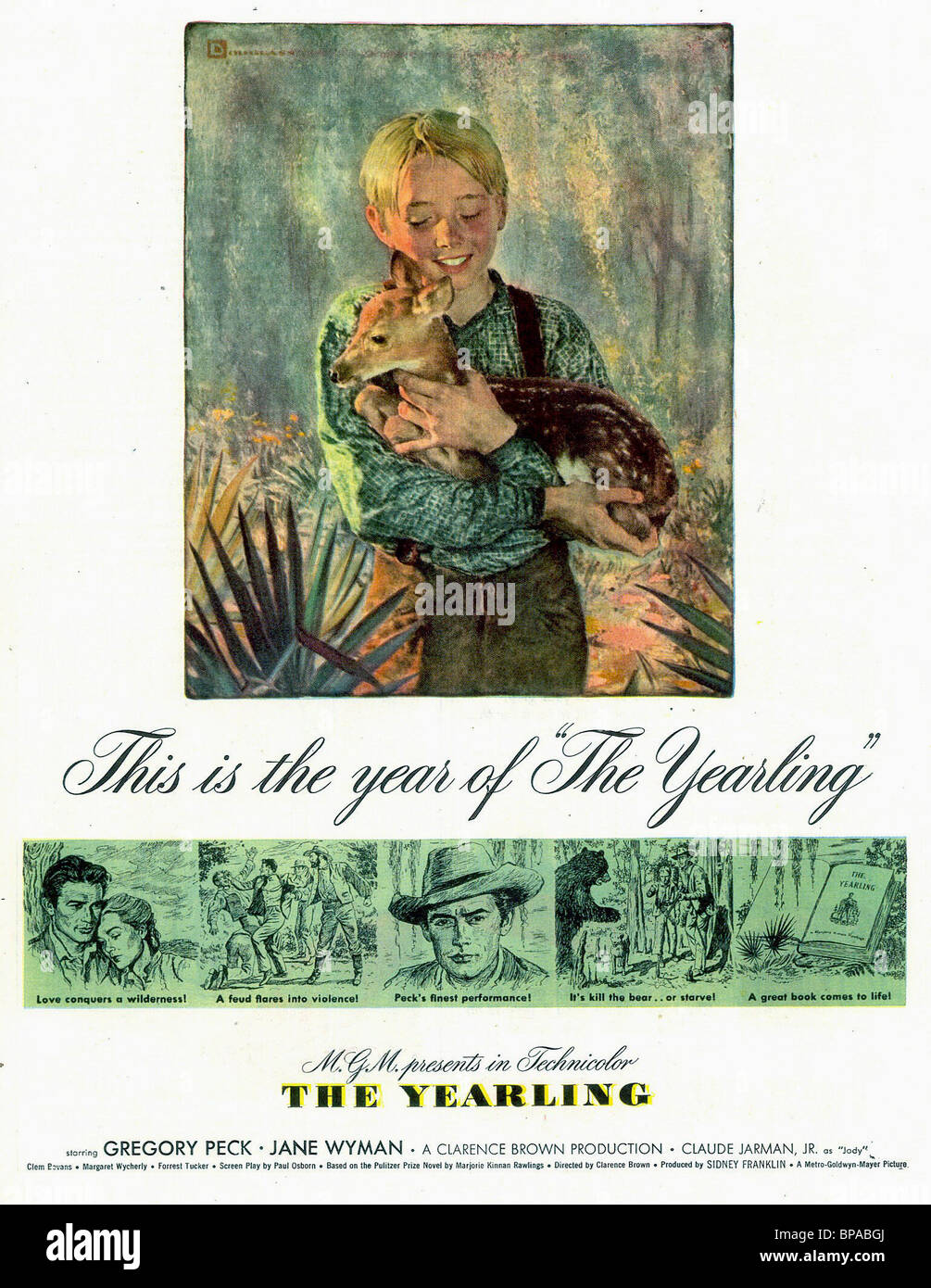 CLAUDE JARMAN JR., GREGORY PECK, JANE WYMAN POSTER, THE YEARLING, 1946 ...