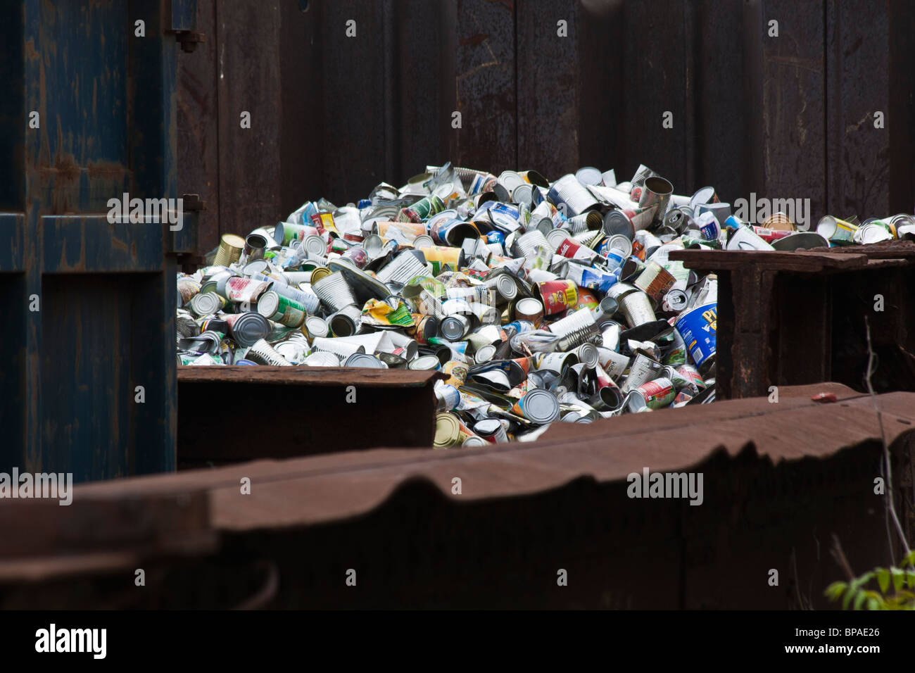 View of pile recycling cans sorted waste trash in the container nobody ...