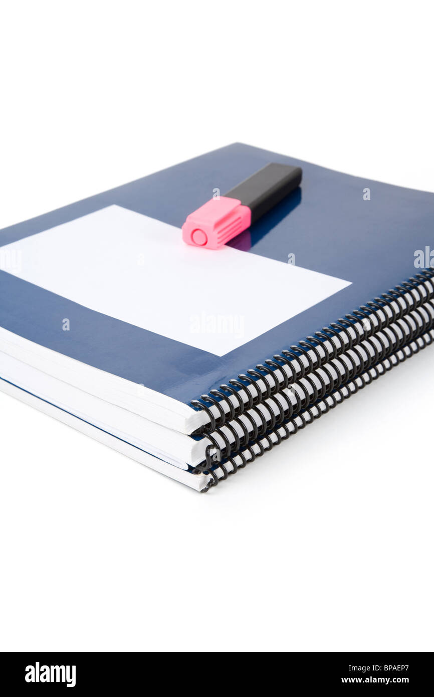 Blue school textbook, notebook or manual with white background Stock ...