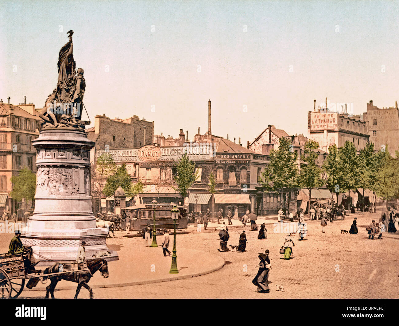 Street scene and monument, in the Place Clichy, Paris, France, circa ...