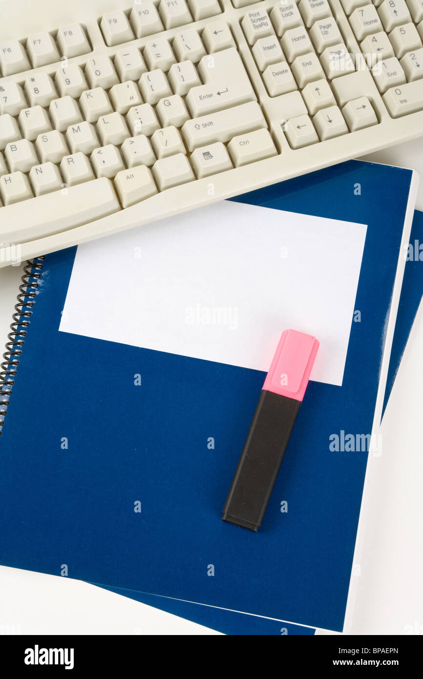 Blue school textbook and computer keyboard, online learning Stock Photo ...