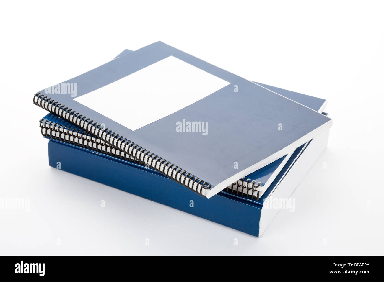 Blue school textbook, notebook or manual with white background Stock ...