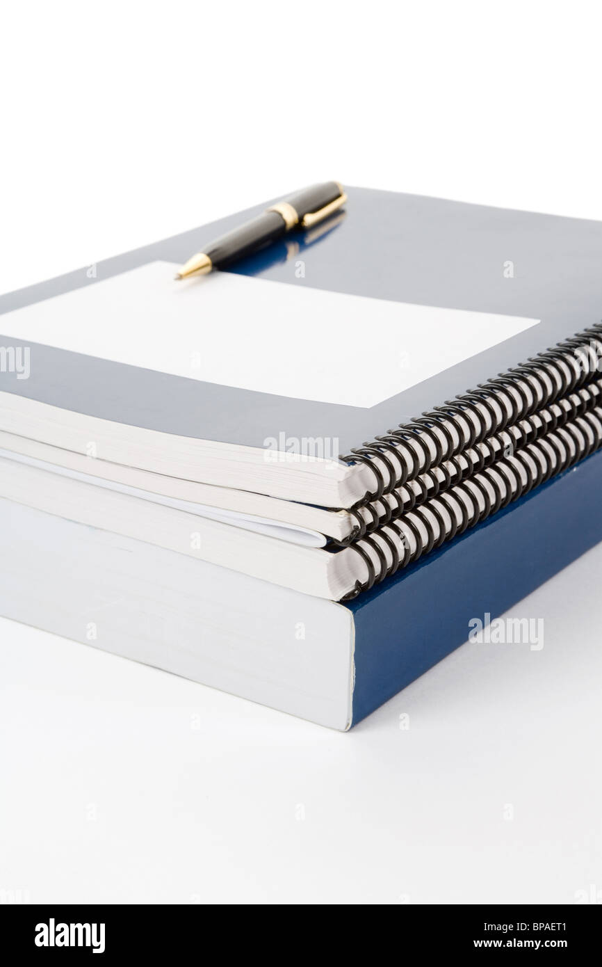 Blue school textbook, notebook or manual with white background Stock ...