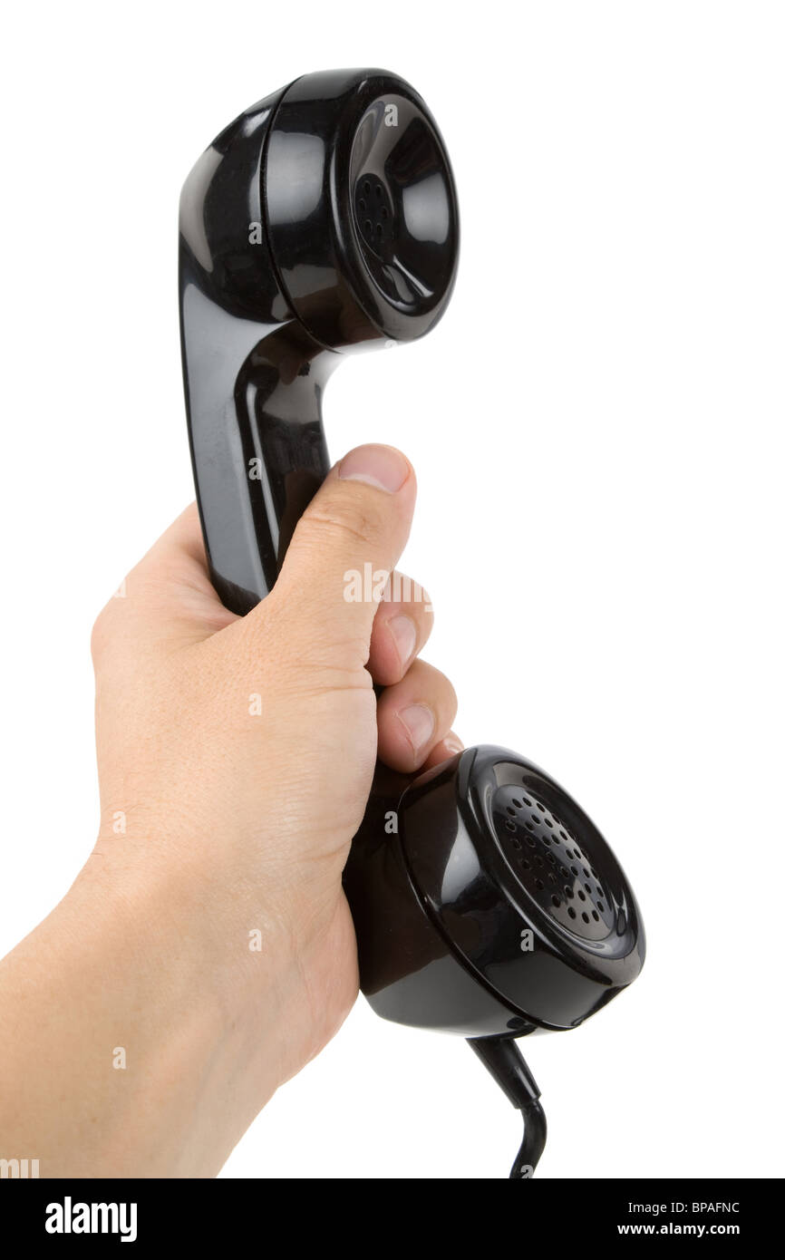 Hand holding Black telephone Receiver with white background Stock Photo ...
