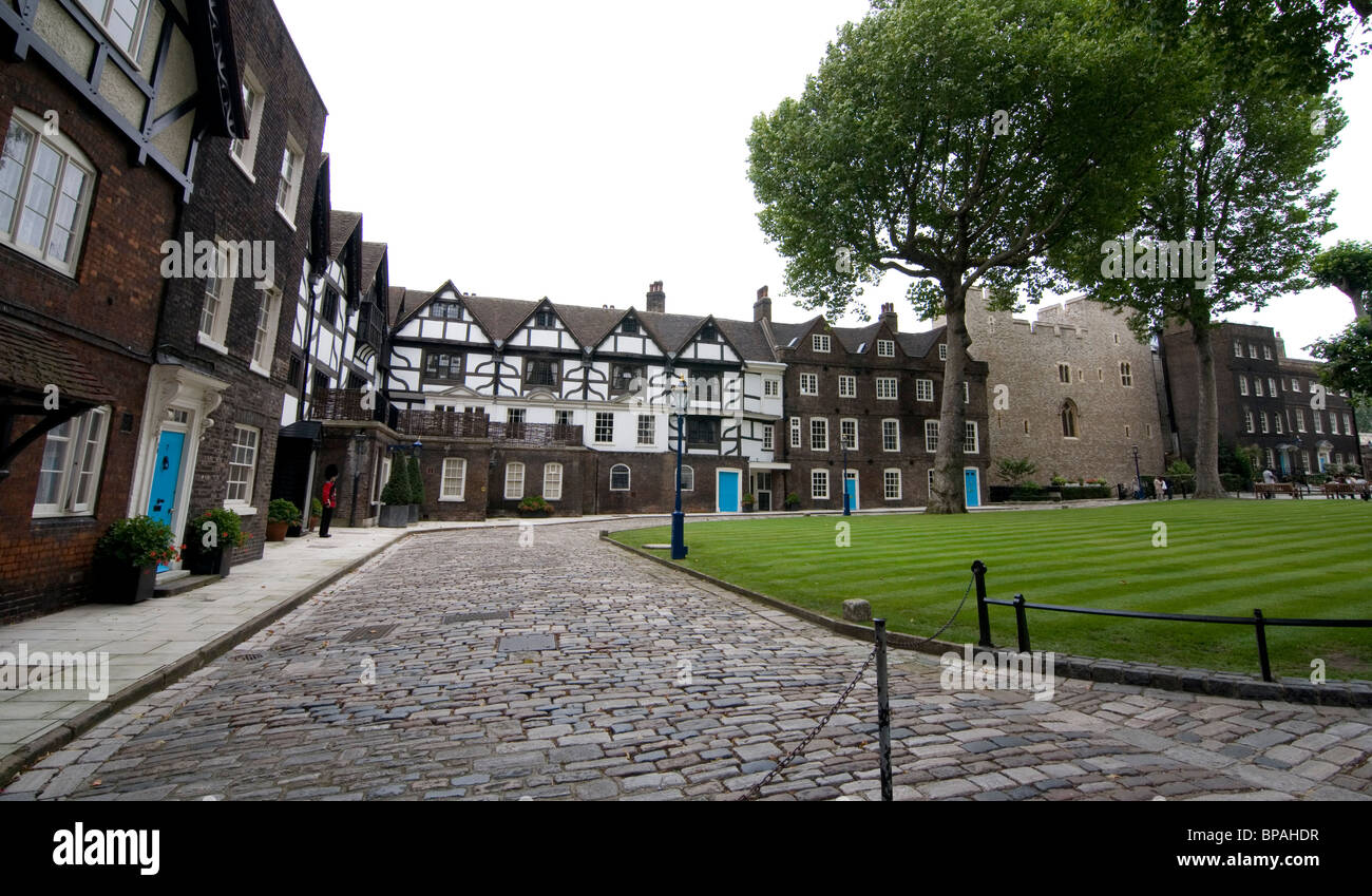 Tower Green at Tower Bridge. Soldier wearing a red uniform and bearskin ...