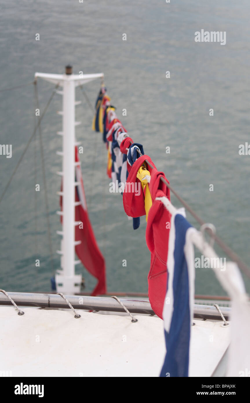 Nautical signal flags strung along a line on the P&O cruise ship ...