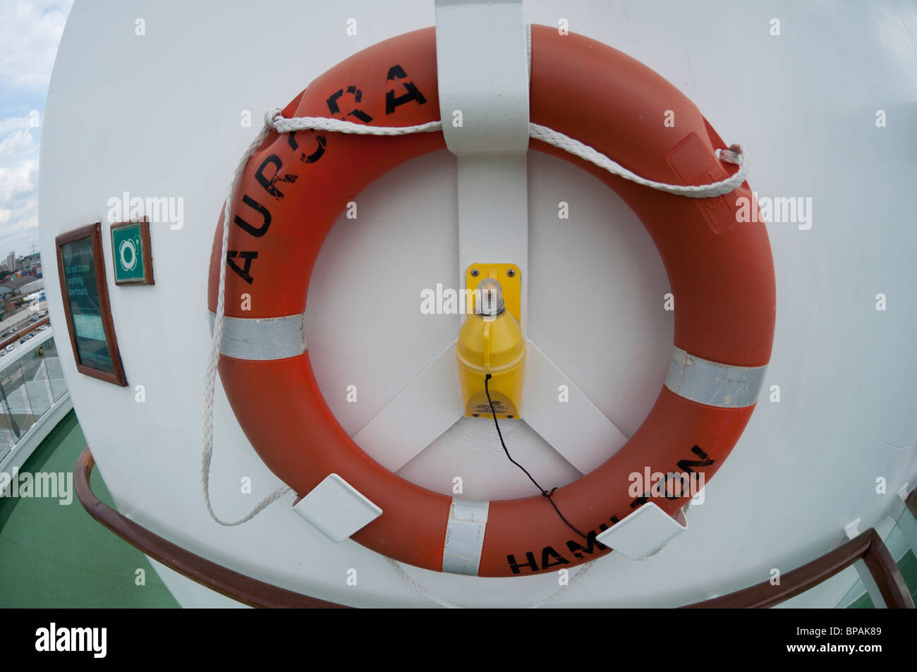 A fisheye photograph of a Lifebelt/Lifering onboard the P&O cruise ship ...