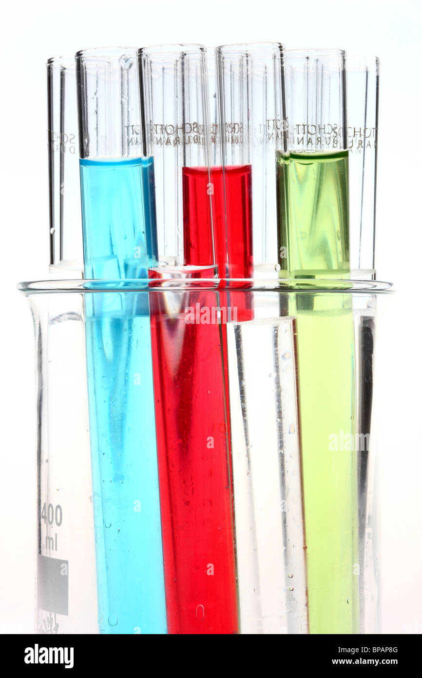 Chemicals in test-tubes. Liquid chemicals in a chemical laboratory ...