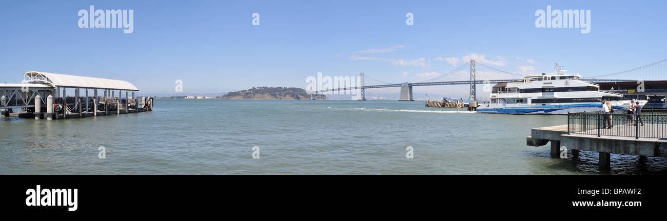 Panorama of the Bay Bridge and Treasure Island from the Ferry Building ...