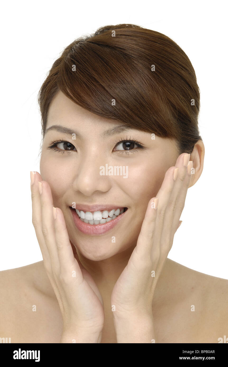 close-up beauty woman portrait hold palm of hand cheek over white ...