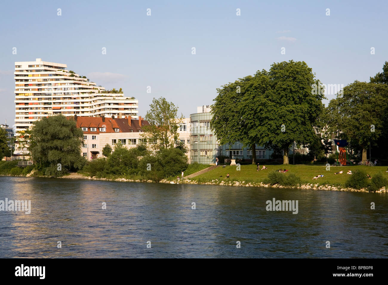 Looking over the River Danube to the riverside of Neu-Ulm in Germany ...
