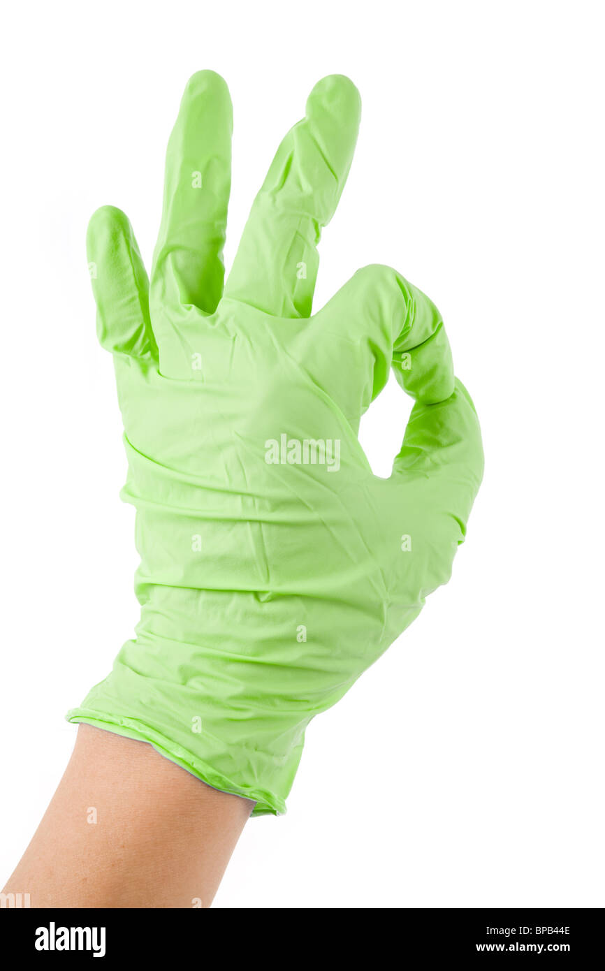 Green Glove and ok Gesturing with white background Stock Photo - Alamy