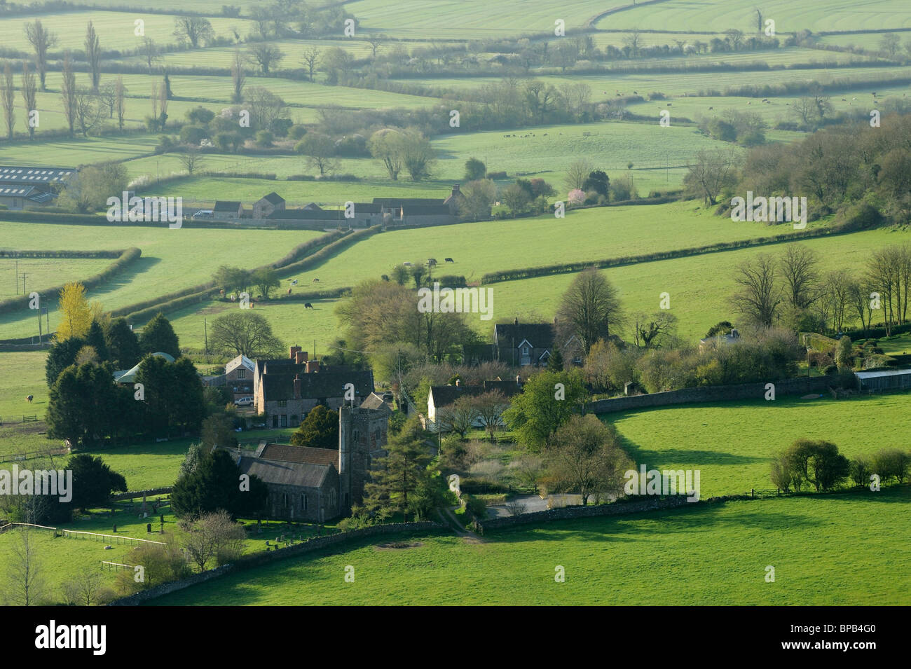 The village of Compton Bishop, Somerset, pictured from a nearby hill ...