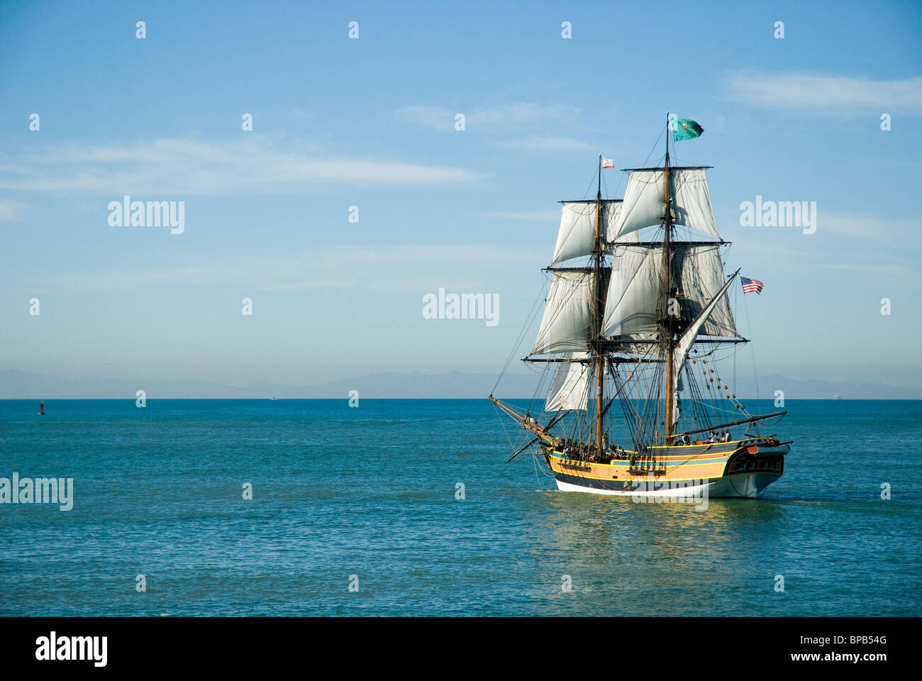 The tall ship, Lady Washington sails out of the Ventura Harbor, Ventura ...