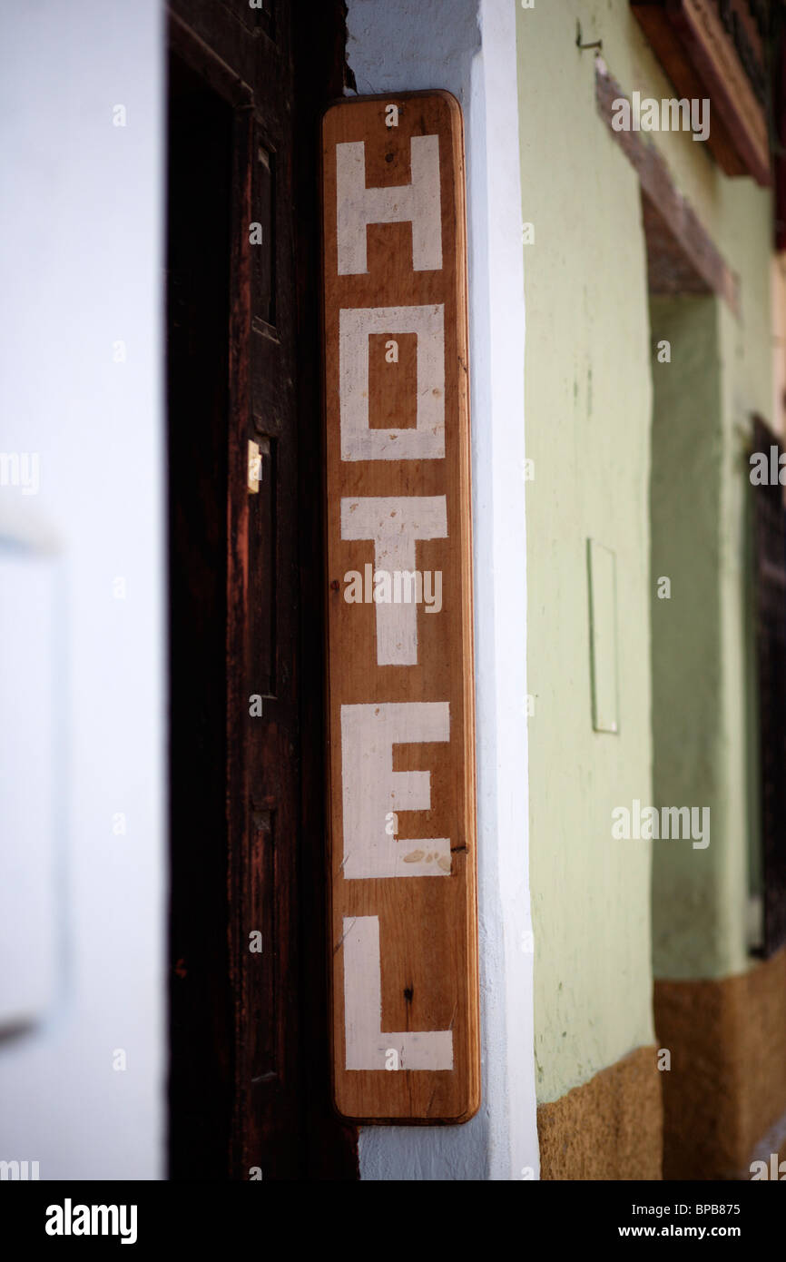 A sign for a hotel in San Cristobal de Las Casas in Chiapas in Mexico ...