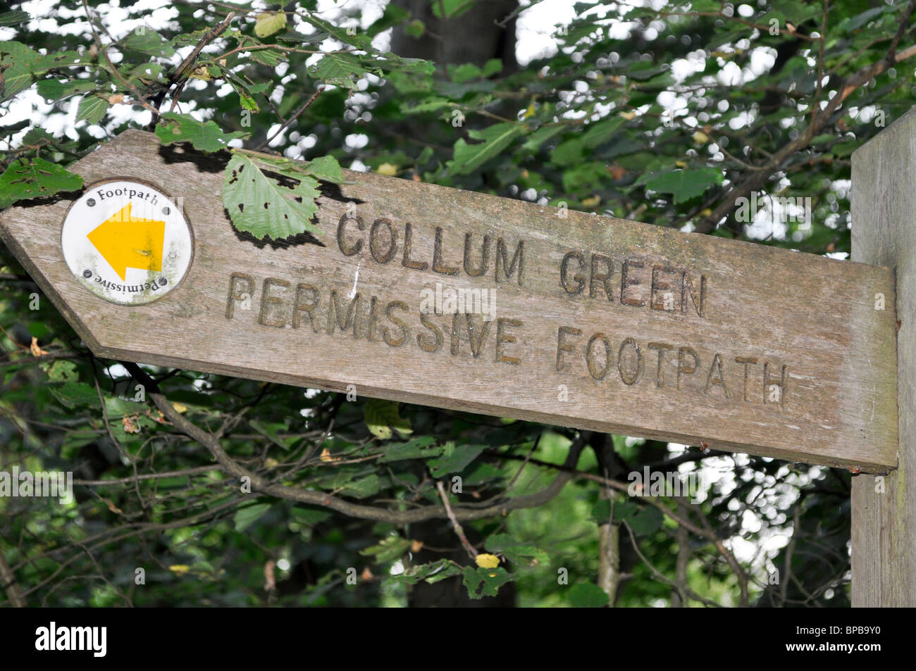 A wooden countryside signpost giving directions to a footpath in the ...