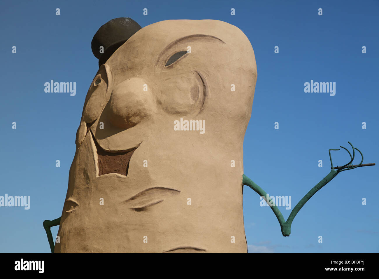 A cement statue of a giant potato man stands beside the the road on the ...