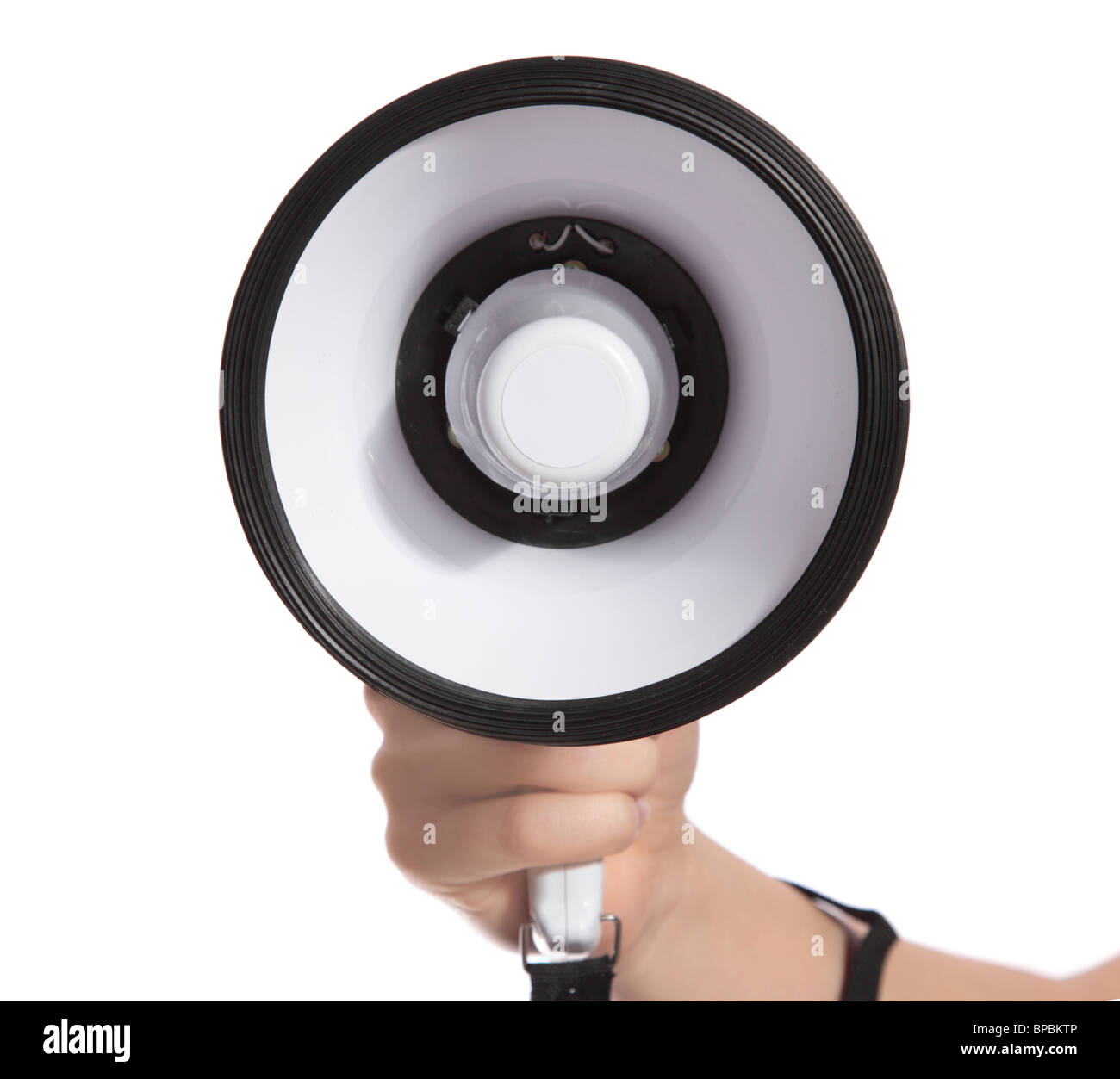 A human hand holding a standard megaphone. All isolated on white ...