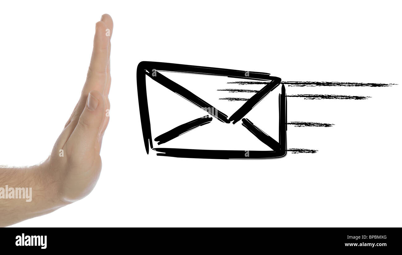 A human hand stopping a flying envelope and symbolizing a spam filter ...