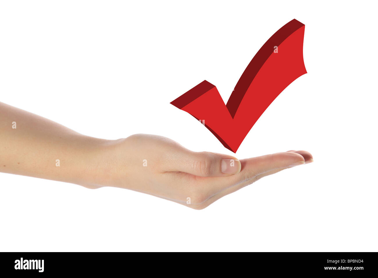 A human hand balancing a check sign. All isolated on white background ...