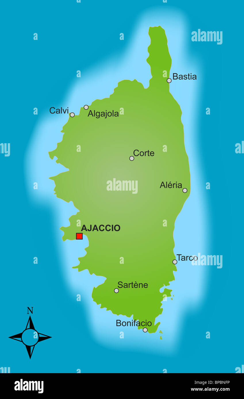 A stylized map of the french island corsica showing different cities ...