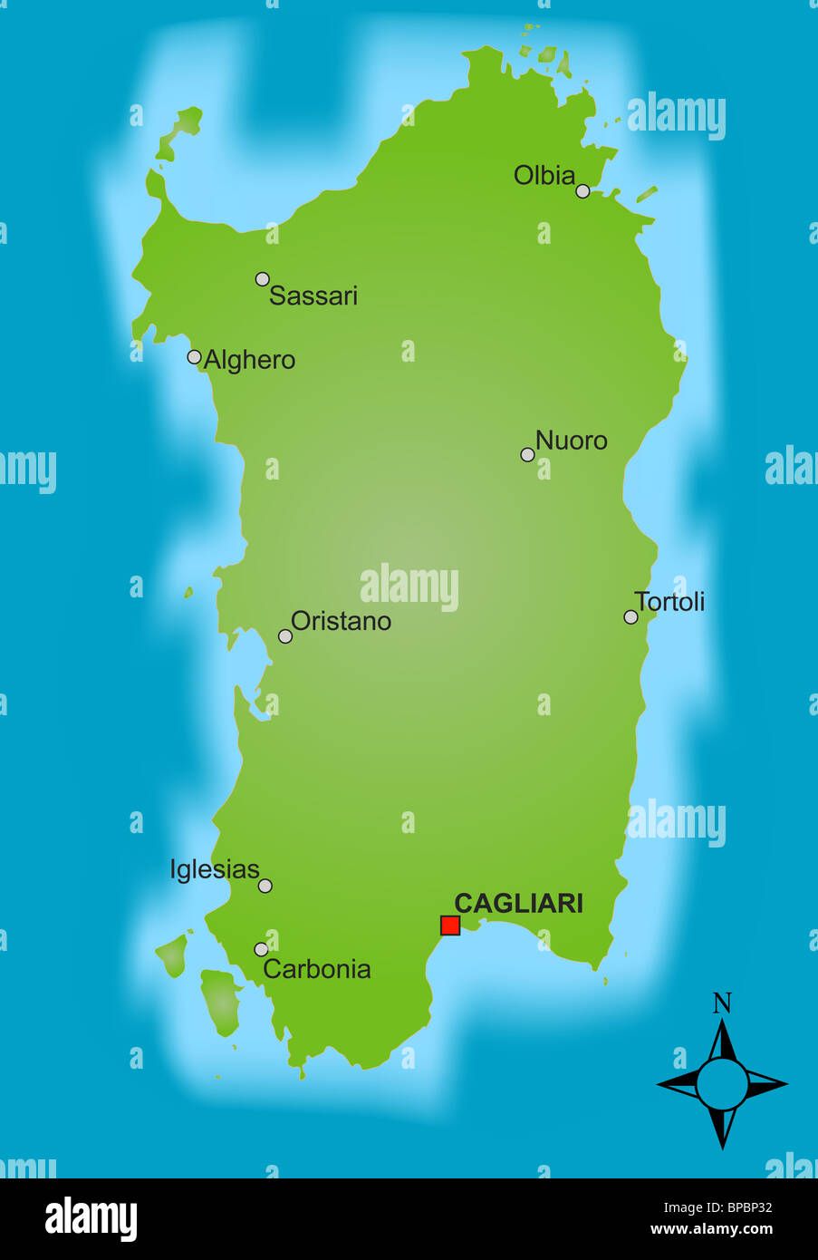 A stylized map of the italien island Sardinia showing different cities ...