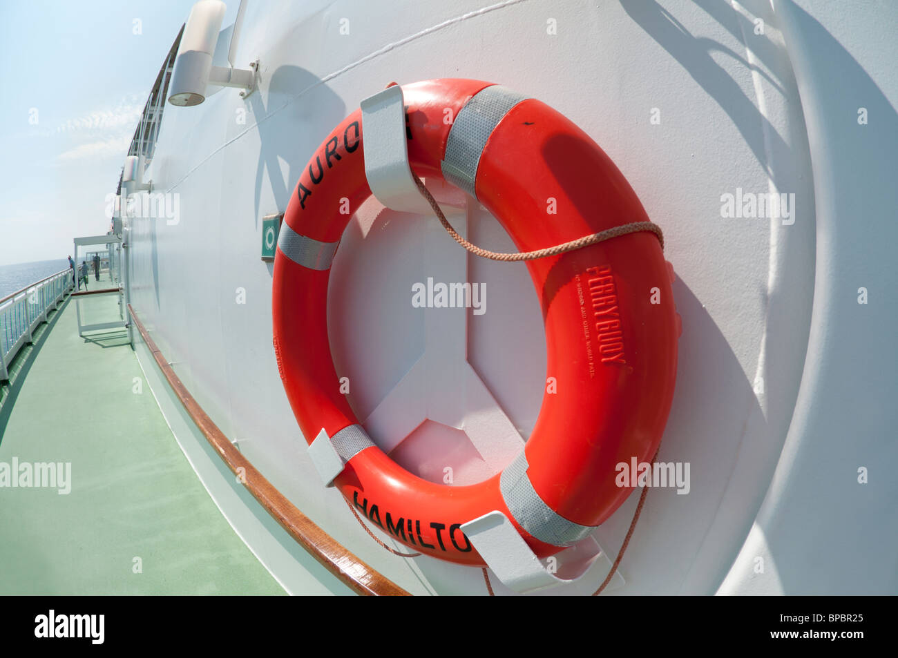 A fisheye photograph of a Lifebelt/Lifering onboard the P&O cruise ship ...