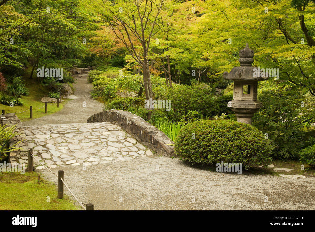 Seattle Japanese Garden. Path, bridge and lantern Stock Photo - Alamy