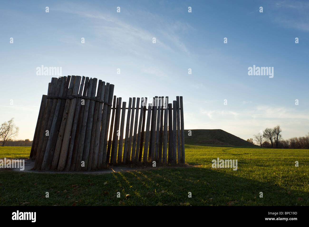 Monks Mound with wooden stockade at Cahokia Mounds State Historic Site ...
